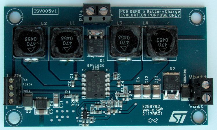 STEVAL-ISV005V1 250 W solar battery charger based on PV voltage-boost controller SPV1020, bypass ...