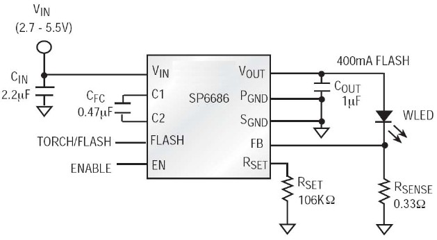 SP6686 400mA降压/升压电荷泵LED驱动器_BDTIC代理SP6686