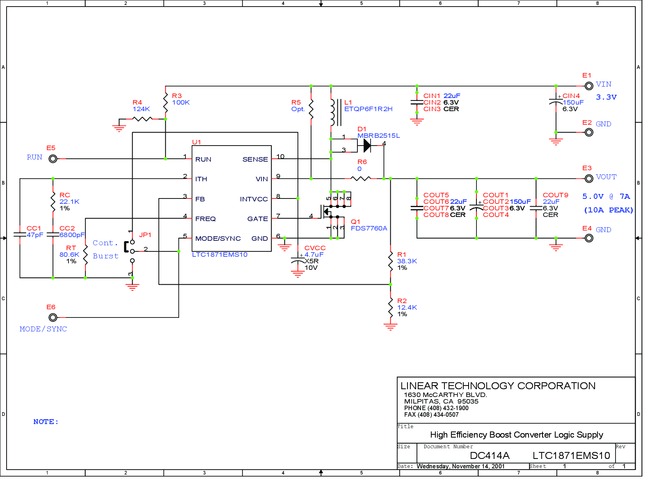 DC414A - LTC1871EMS | High Efficiency Boost Converter, 3.3V Input, 5 ...